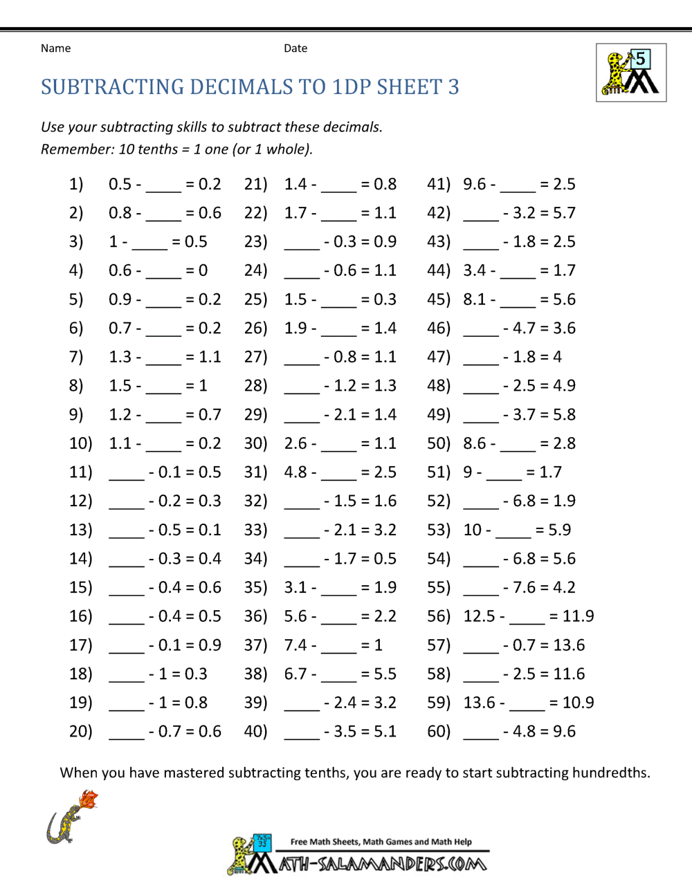 Subtracting Decimals Worksheet - Worksheets Library