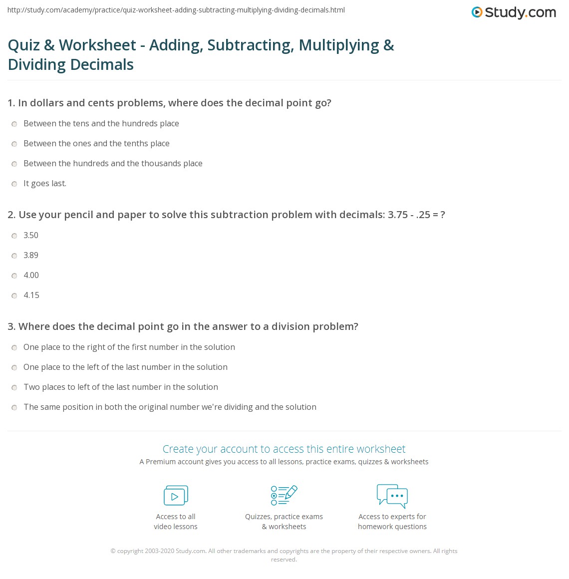 Quiz & Worksheet - Adding, Subtracting, Multiplying & Dividing ...