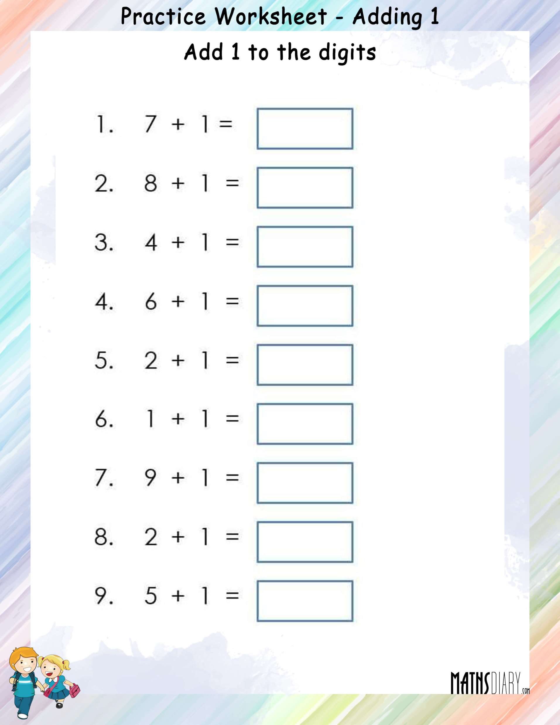 Adding 1 to 9 in 1- digit numbers Practice Worksheets - Math ...