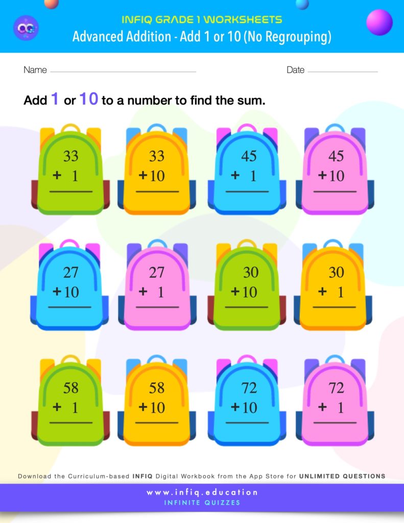 INFIQ GRADE 1 Math Worksheets Advanced Addition Add 1 Or 10