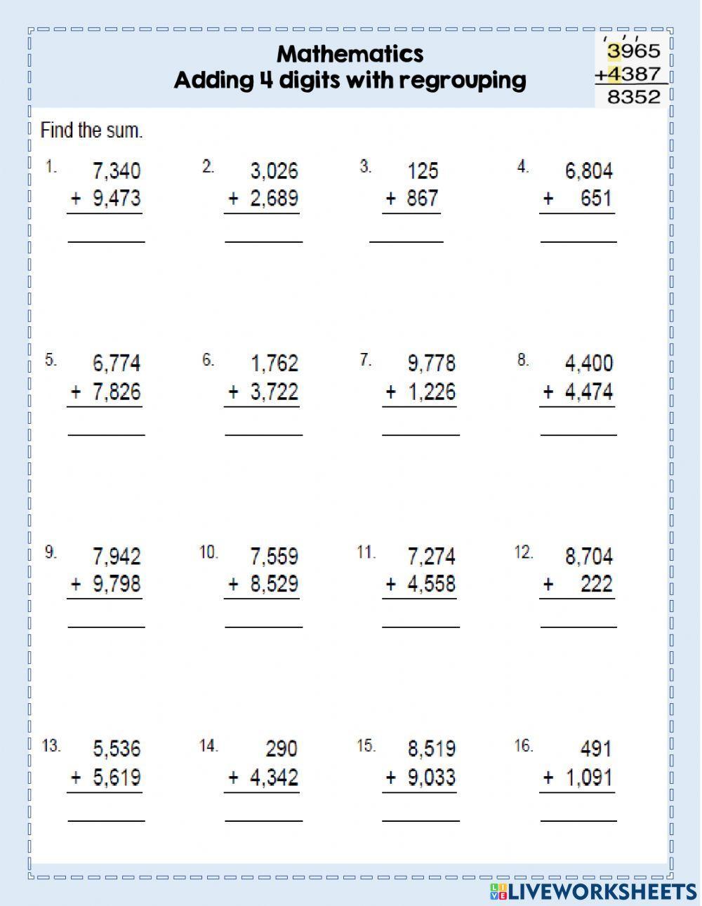 Add 4 digits with regrouping worksheet | Live Worksheets - Worksheets Library
