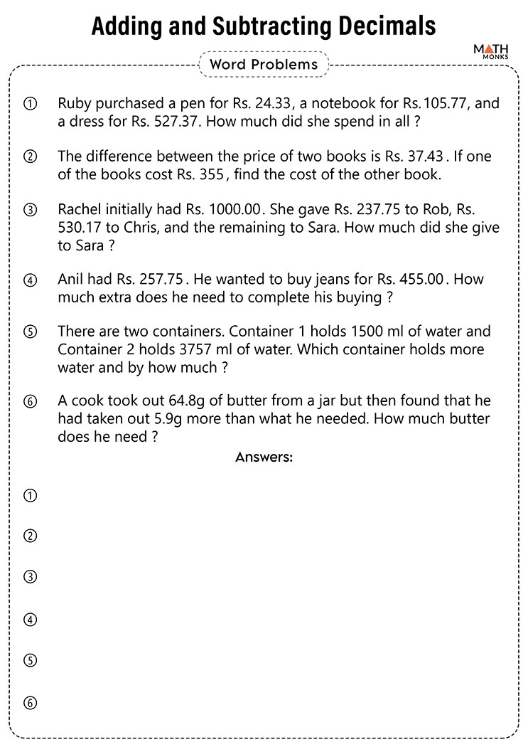 Free adding and subtracting decimals word problems worksheet 6th grade ...