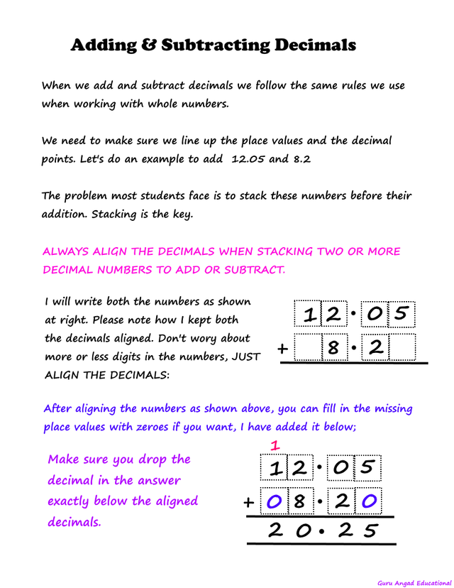 4TH GRADE MATH - DECIMAL ADDITION AND SUBTRACTION WORKSHEETS — Steemit ...