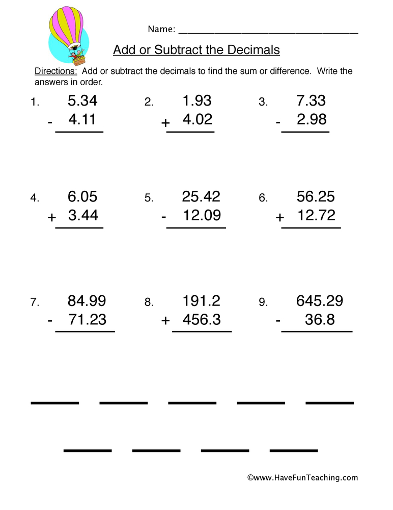 Add/Subtract Decimals Worksheet - Have Fun Teaching - Worksheets Library