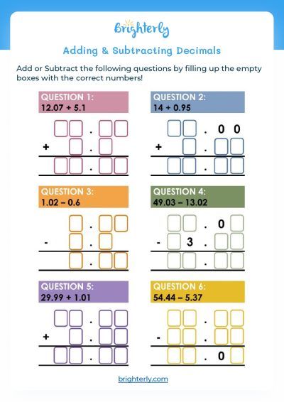 Adding And Subtracting Decimals With Base 10 Blocks Worksheet