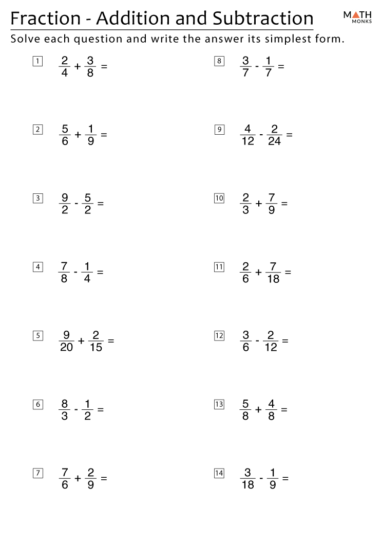 Free Adding And Subtracting Fractions Printable Worksheet Download