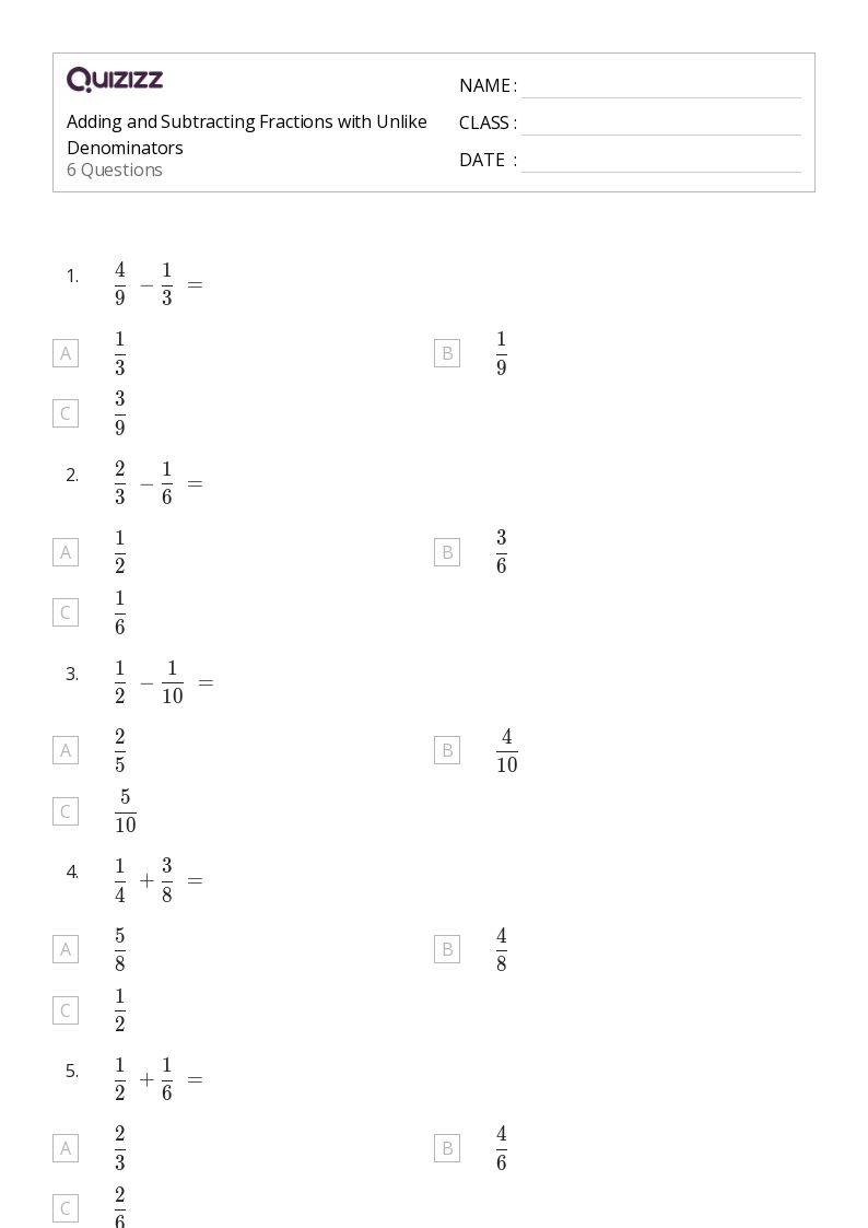 Adding Unlike Fractions Different Denominators Worksheets