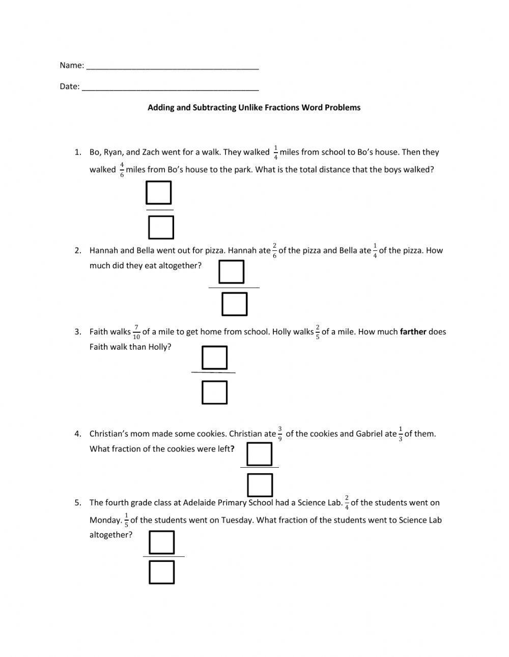 Adding And Subtracting Unlike Fractions Word Problems Worksheet Worksheets Library