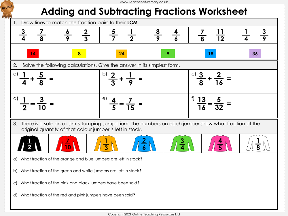 Adding And Subtracting Fractions Worksheet Nz Years 3 To 6
