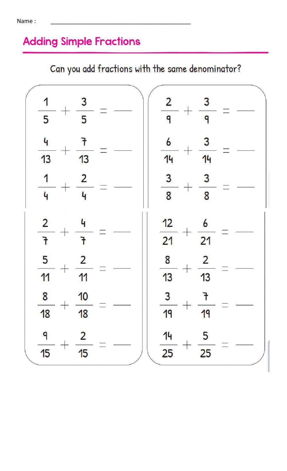 Adding And Subtracting Fractions With Like Denominators Worksheet Worksheets Library