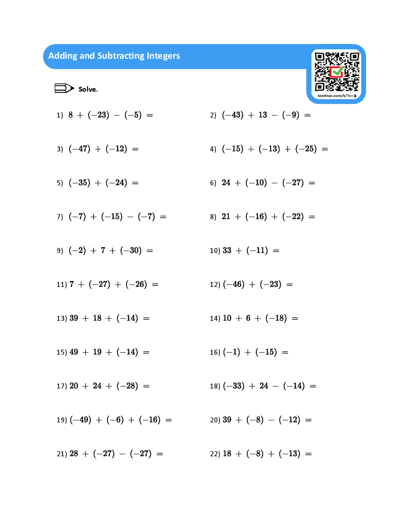 Adding and Subtracting Mixed Integers from -15 to 15 (25 Questions ... - Worksheets Library