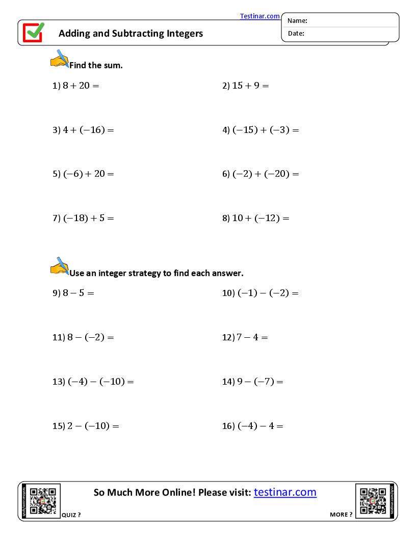 Adding and Subtracting Integers worksheets - Worksheets Library