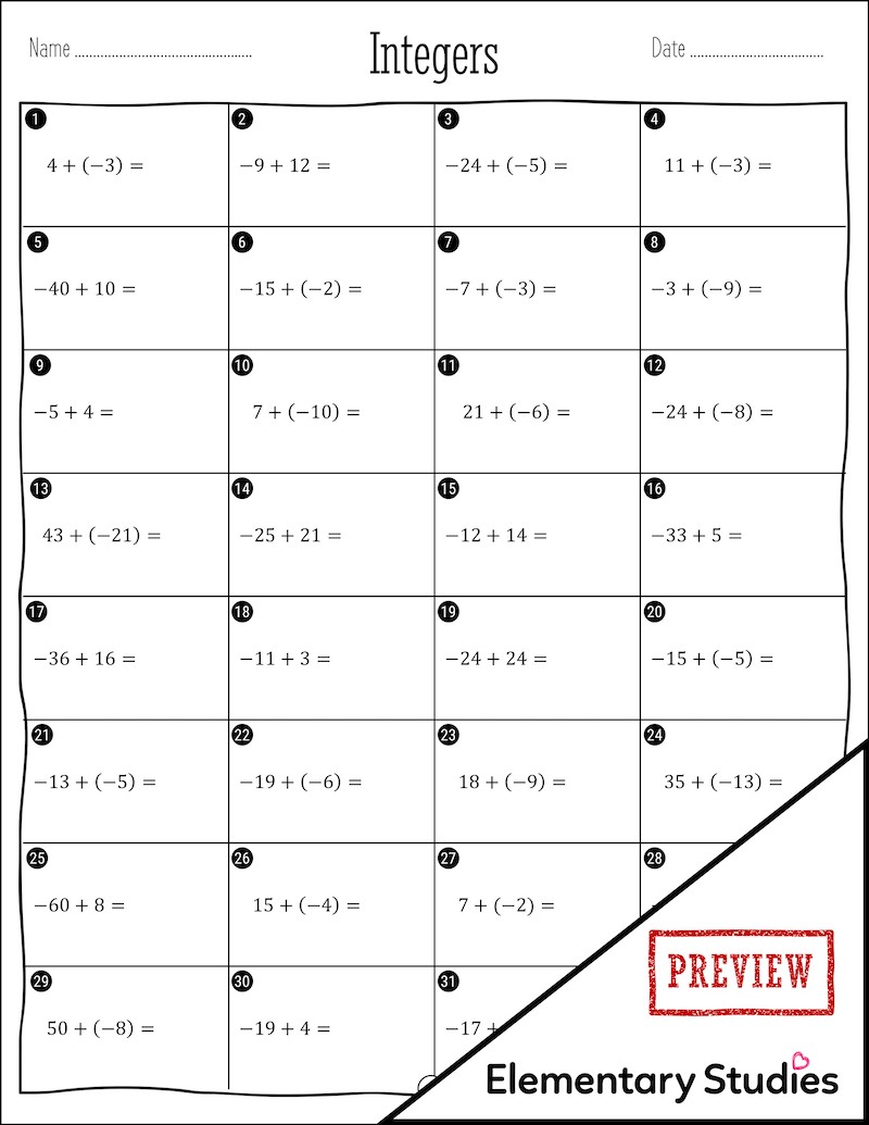 Adding Positive And Subtracting Integers Integer Worksheets