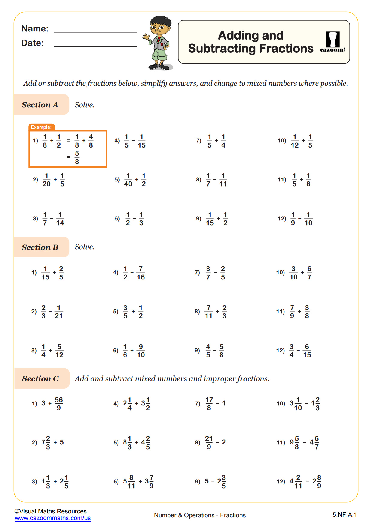 Free Adding And Subtracting Like Fractions Worksheet Download Free