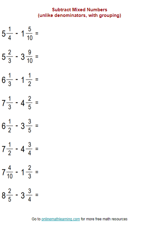 Subtract Mixed Numbers With Unlike Denominators And Regrouping