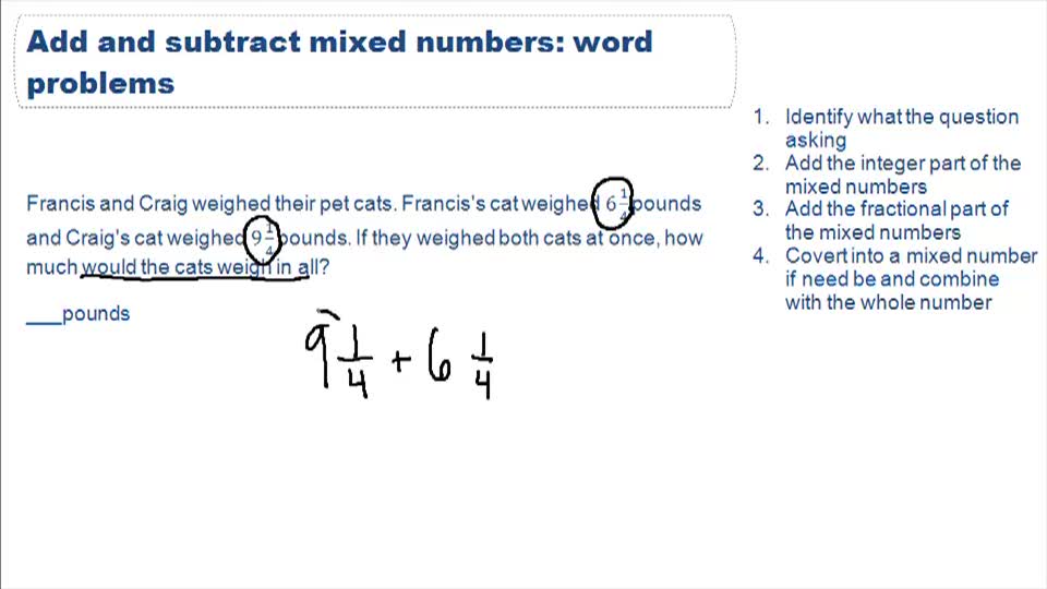Adding And Subtracting Mixed Numbers Word Problems Video