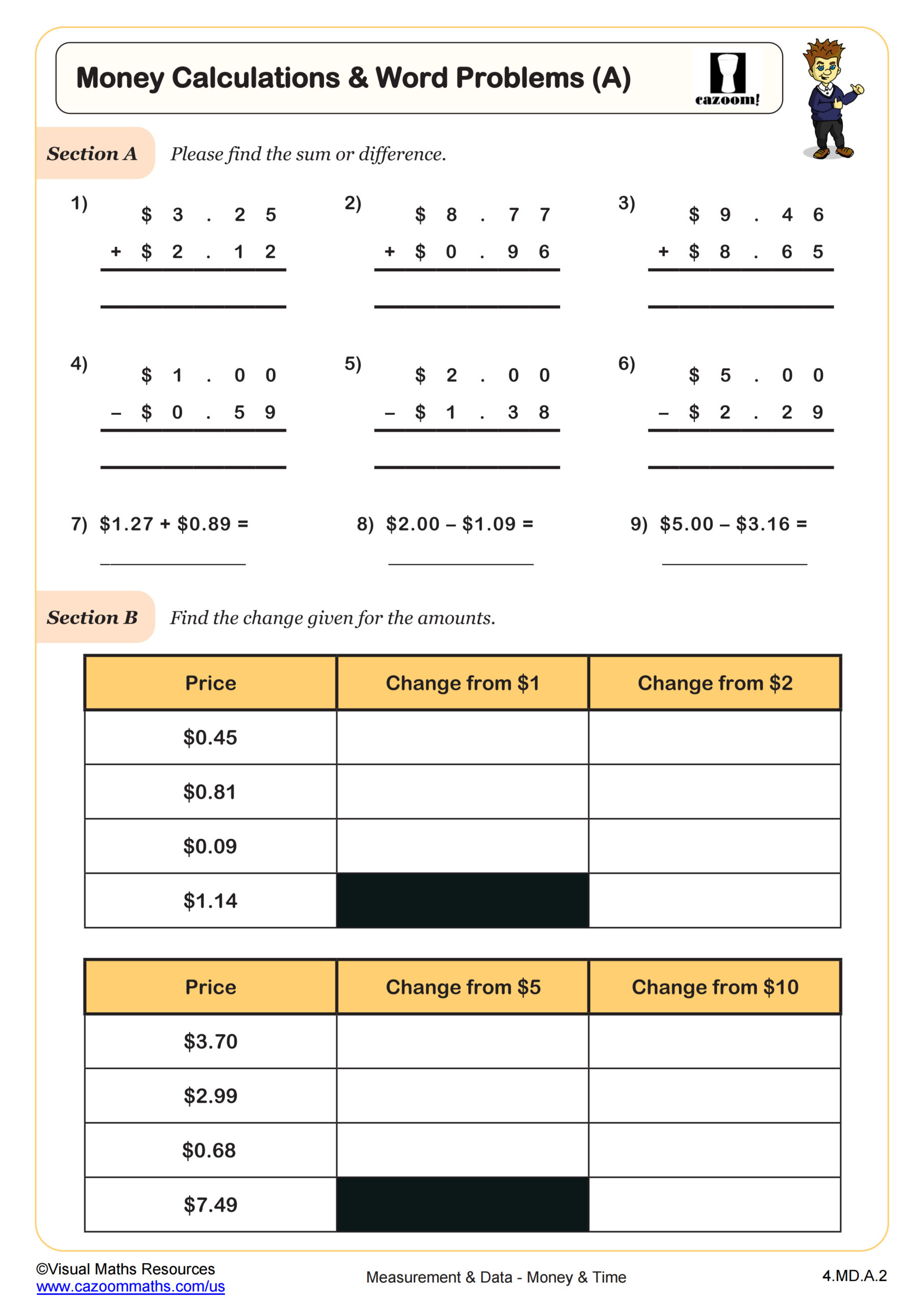 Addition and Subtraction with Money Worksheet | 4th Grade PDF ...