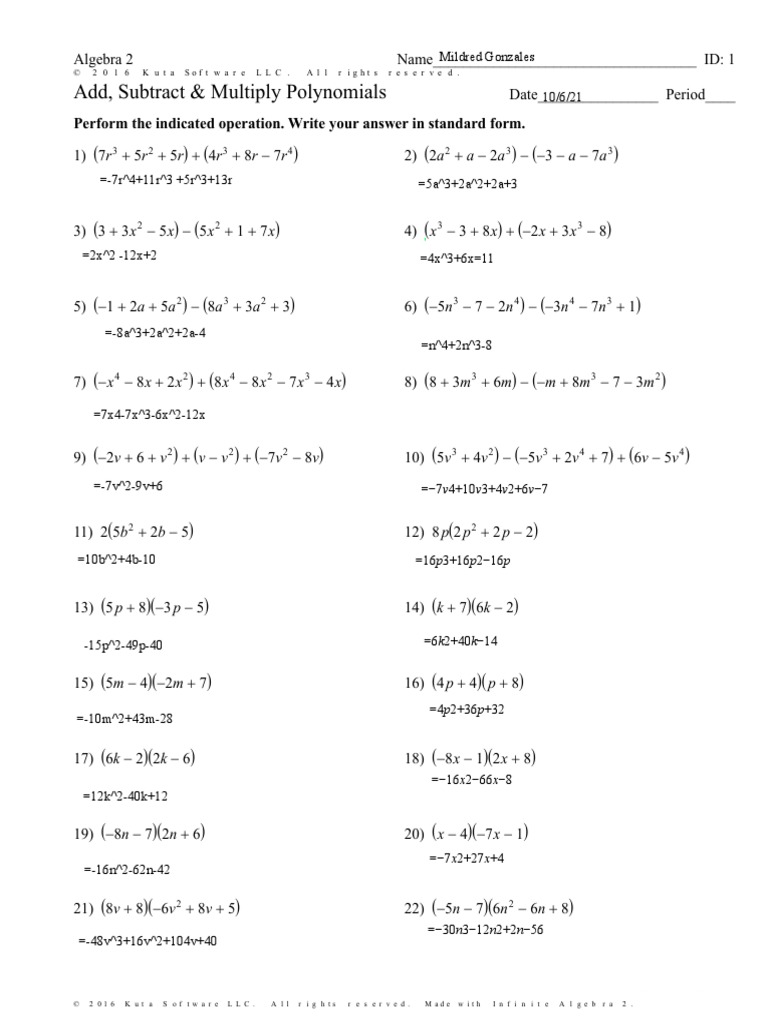Adding Polynomials Worksheets