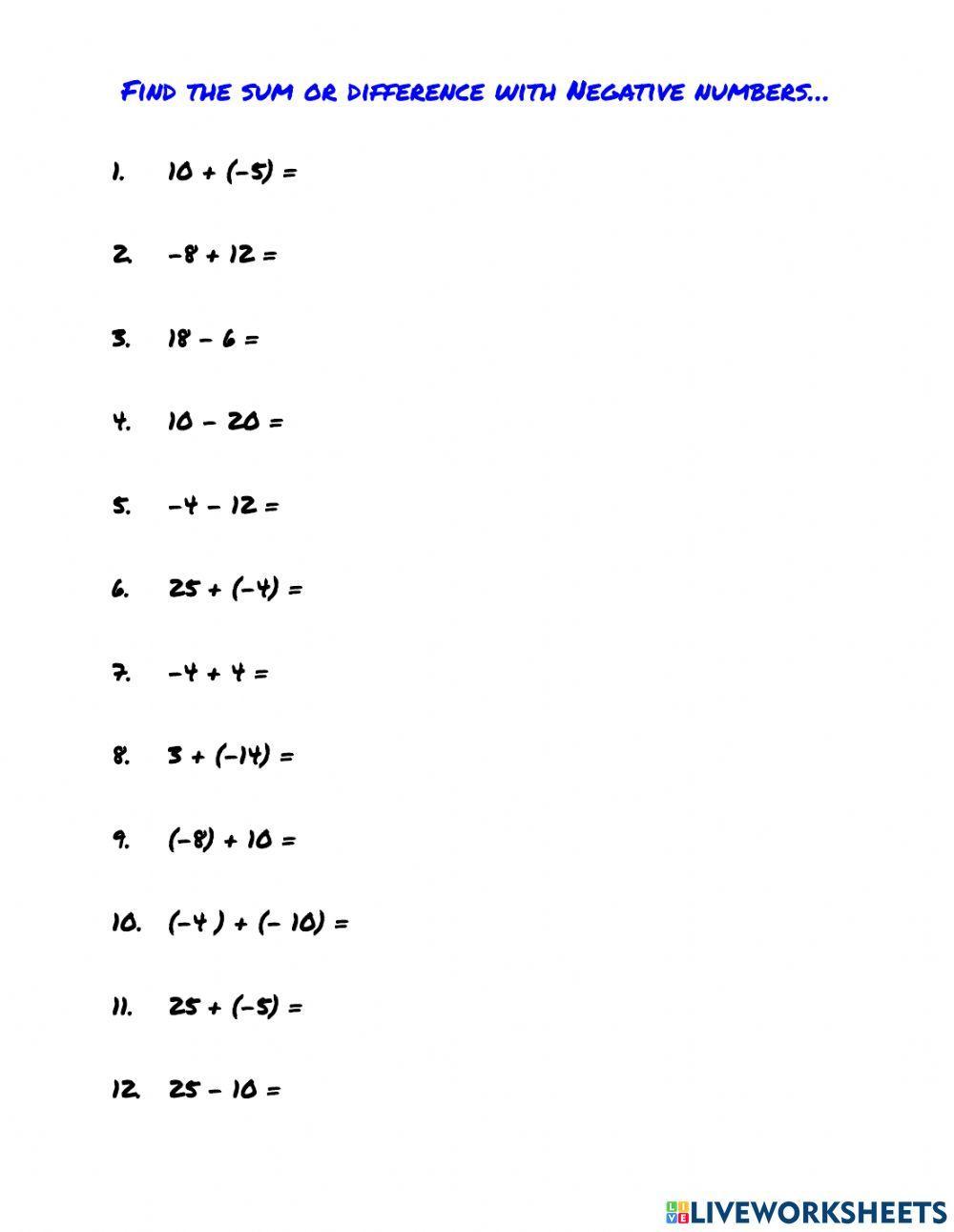 Adding And Subtracting Negative Numbers Worksheet For 5th 8th