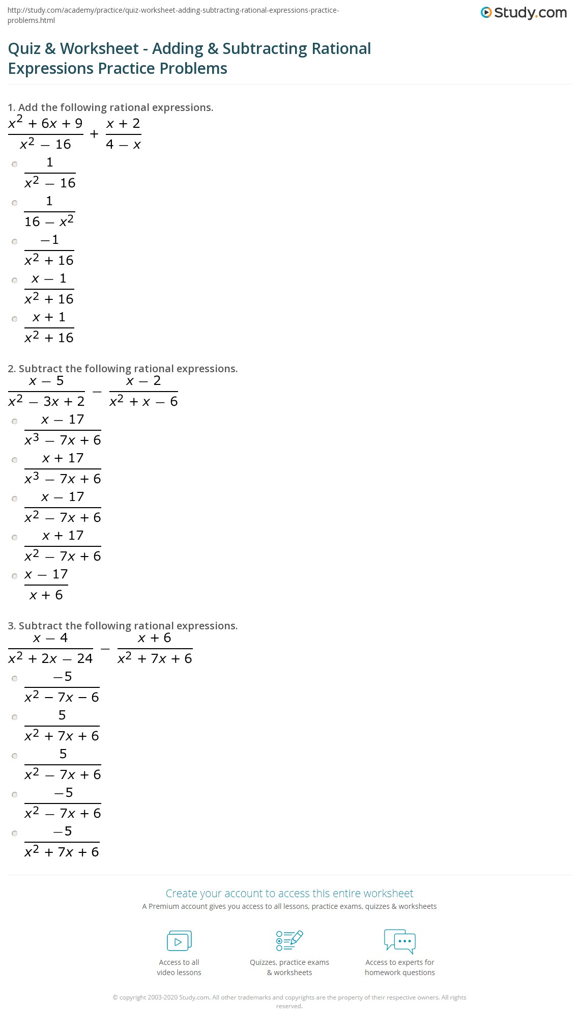 Quiz And Worksheet Adding And Subtracting Rational Expressions