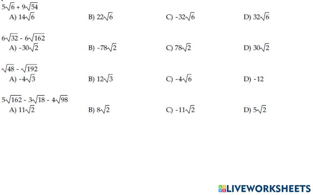Adding And Subtracting Square Roots Online Exercise For Live