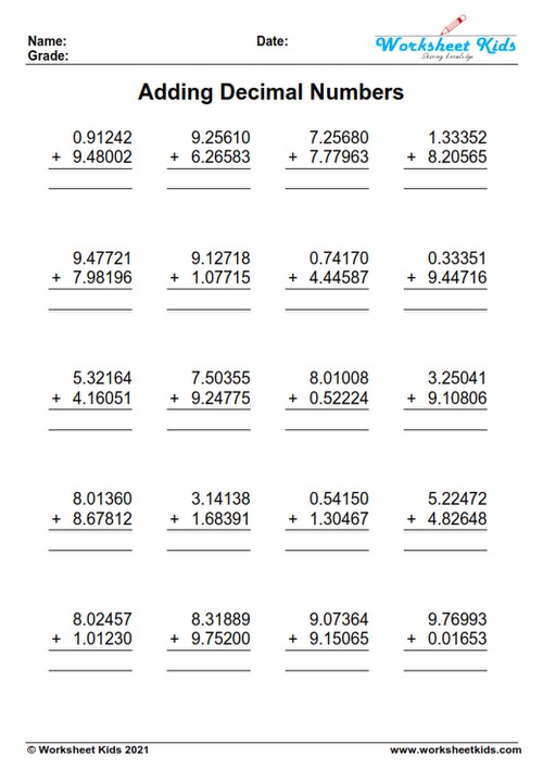 Decimal Addition Worksheets for Grades 4-6 : Free printable PDF ...