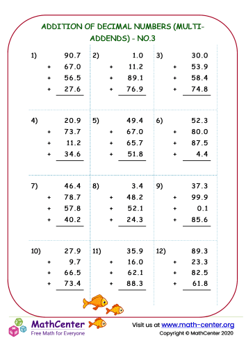 Addition of decimal numbers (multi-addends ) - no.3 | Worksheets ... - Worksheets Library