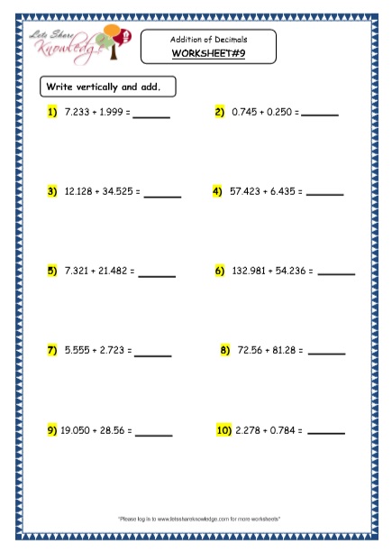 Grade 4 Maths Resources (3.5 Addition of Decimals Printable ...