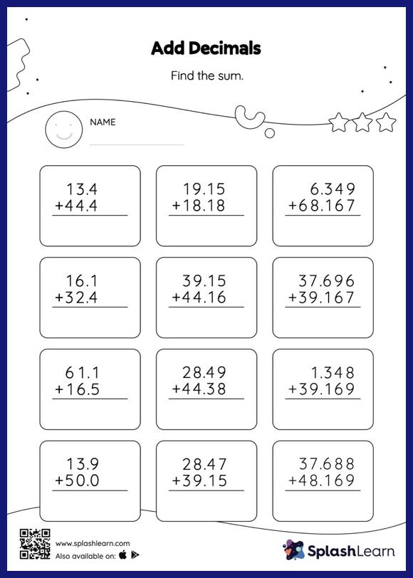 Add Decimals Vertical Addition Math Worksheets Splashlearn