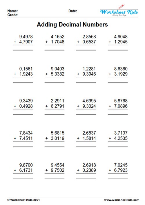 Decimal Addition Worksheets for Grades 4-6 : Free printable PDF ...