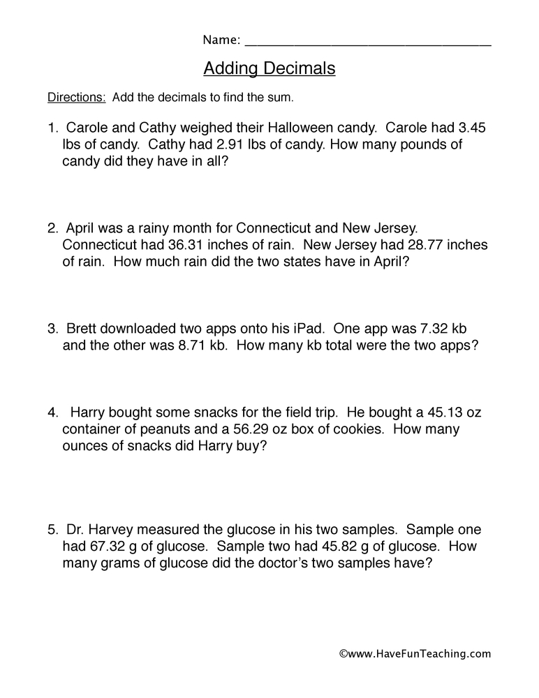 Free adding decimals word problems worksheet, Download Free adding ...