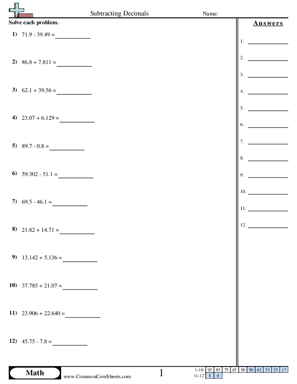 Addition Of Decimal Numbers 3 Dp No1 Worksheets Math Center