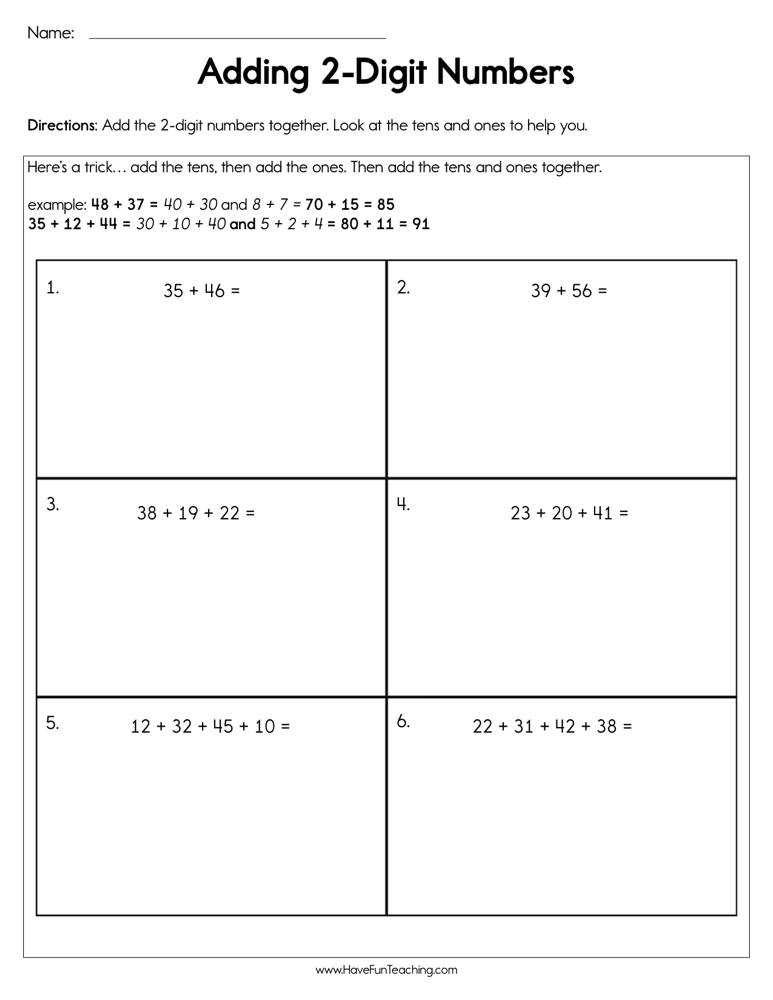Adding 2 Digit Numbers Worksheet - Have Fun Teaching - Worksheets Library