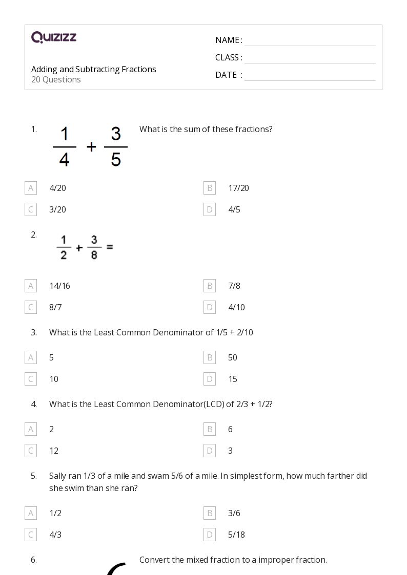 50 Adding And Subtracting Fractions Worksheets For 5th Year On