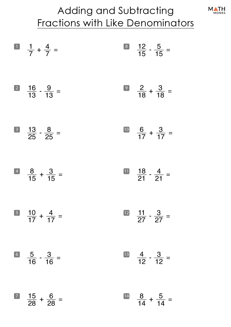 Free Adding Fractions With Common Denominators Worksheet Download Free