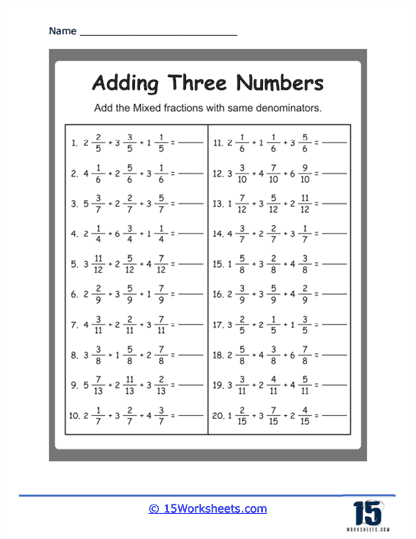 Adding 3 Fractions Worksheets 15 Worksheets Library