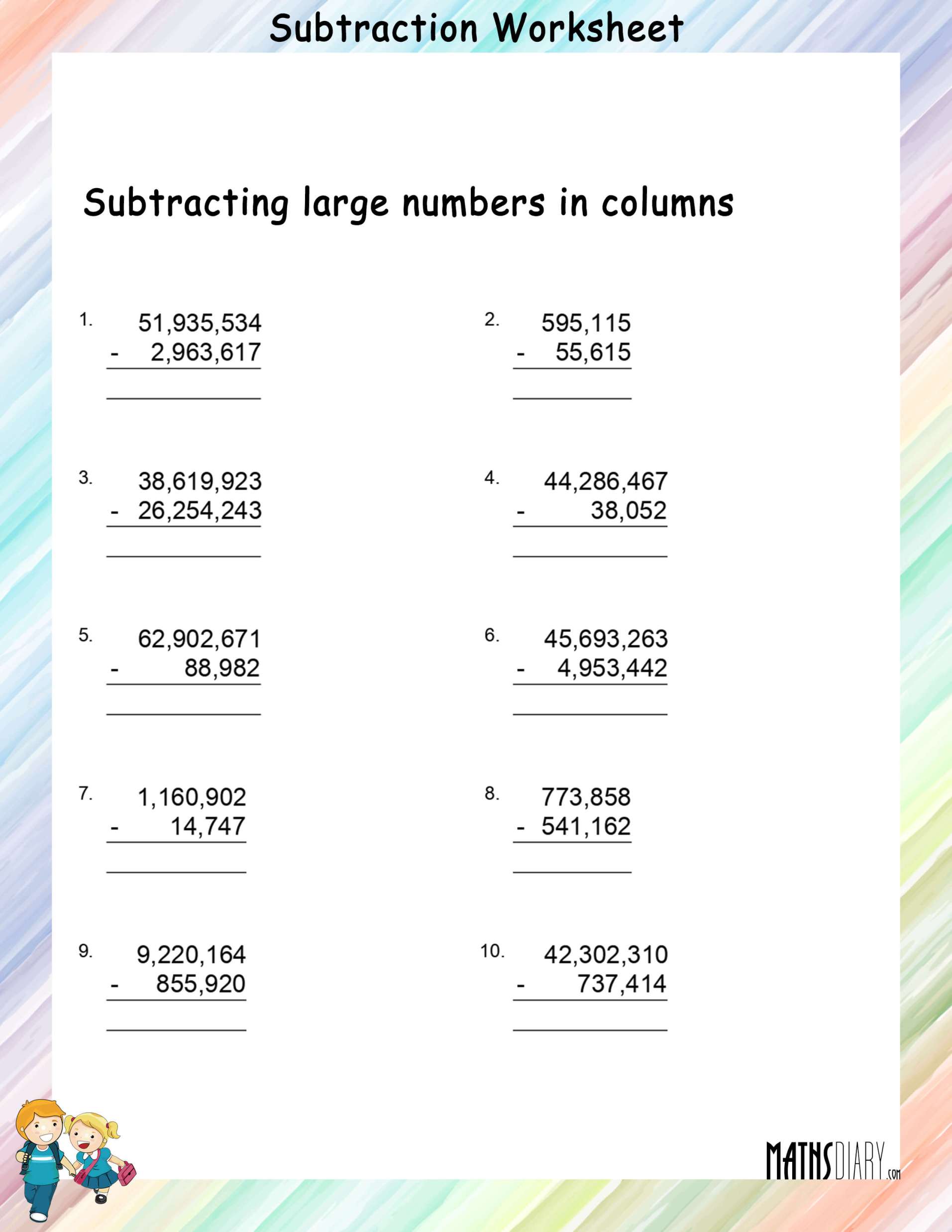 Subtracting Large Numbers - Math Worksheets - MathsDiary.com ...