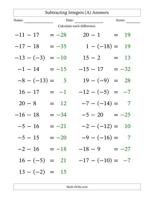 Subtracting Mixed Integers from -20 to 20 (25 Questions; Large ...