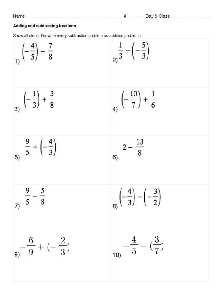 Add Subtract Positive Negative Fractions Worksheet Pdf Worksheets Library