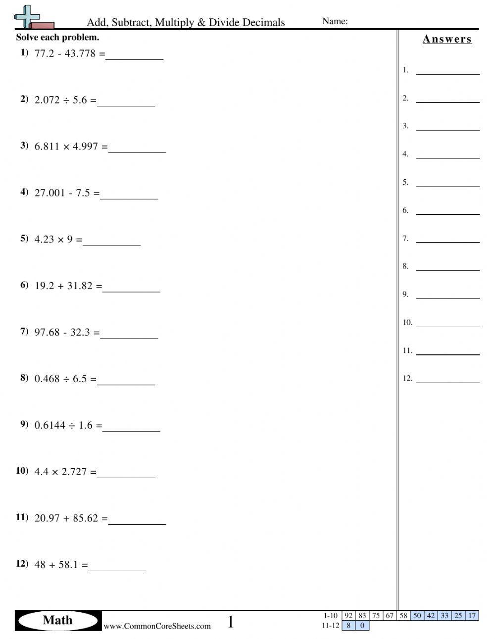 Adding Subtracting Multiplying And Dividing Decimals Worksheet Worksheets Library