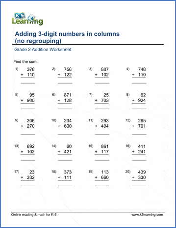 Grade 2 Worksheet - add two 3-digit numbers in columns - no ...