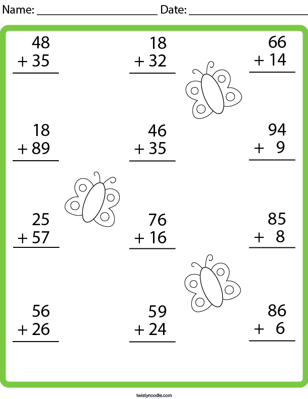 2 Digit Addition with Regrouping Math Worksheet - Twisty Noodle ...