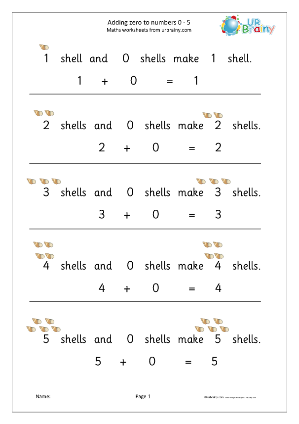Add Zero To Numbers From 0 To 5 Shells Addition Maths Worksheets Worksheets Library