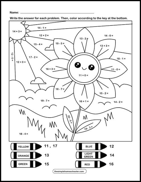 Free addition and subtraction coloring worksheet for 2nd grade ...