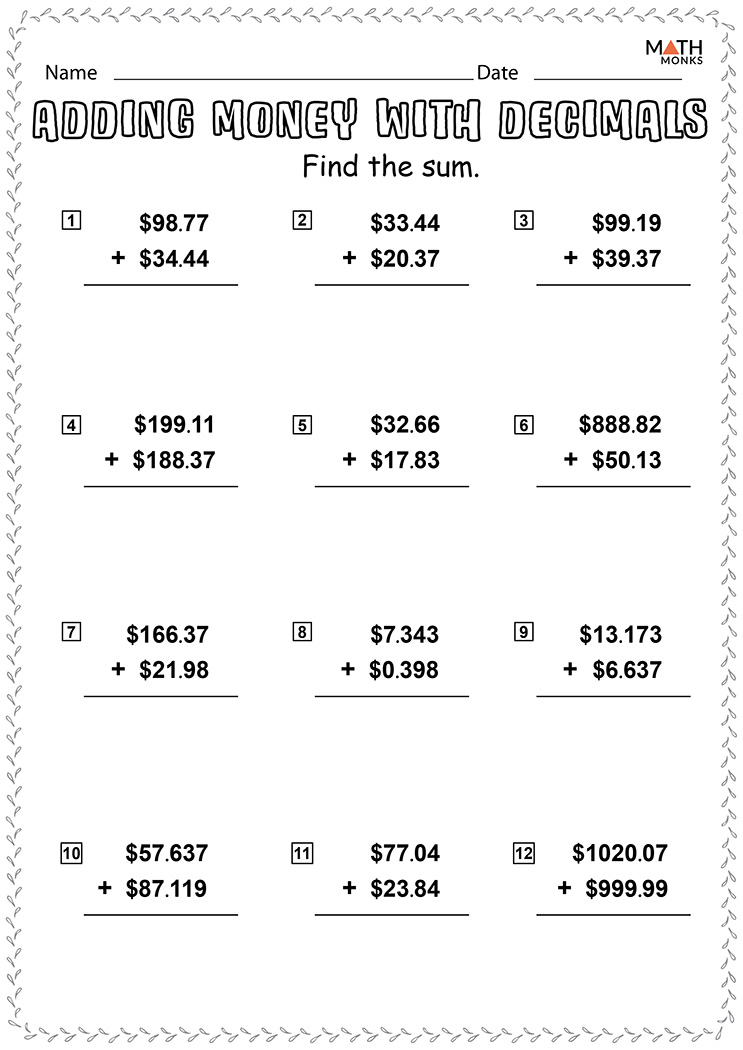 Adding and Subtracting Decimals Worksheets - Math Monks - Worksheets ...