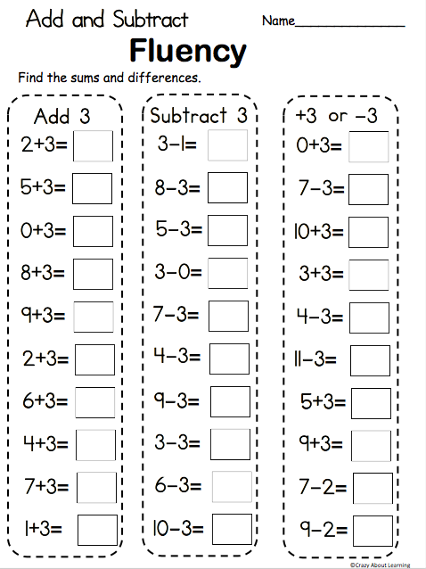Free Math Add and Subtract by 3 Fluency Worksheet | Made By ...