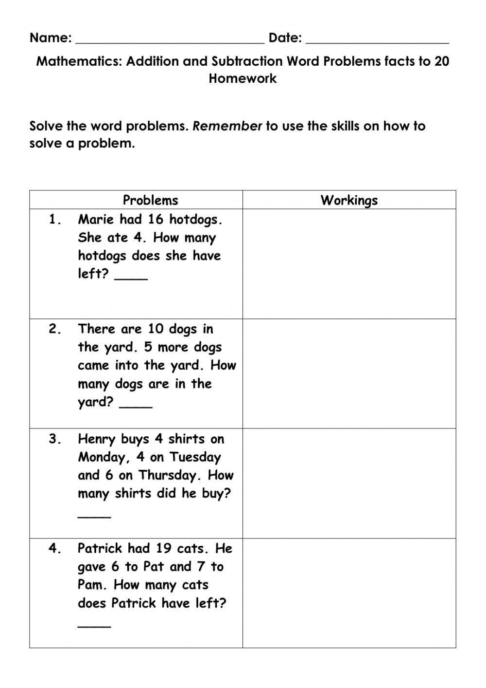 Mathematics Addition and Subtraction word problem facts to 20 ...
