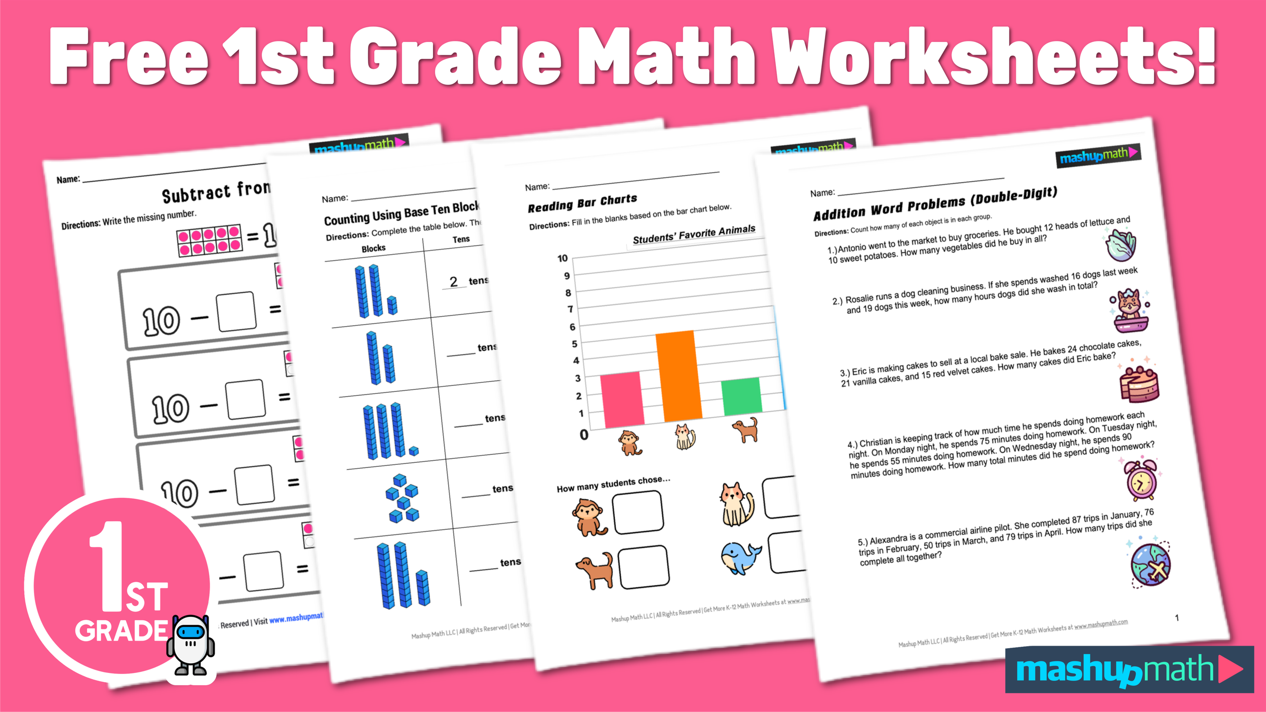 Free 1st Grade Math Worksheets—Printable w/ Answers — Mashup Math ...