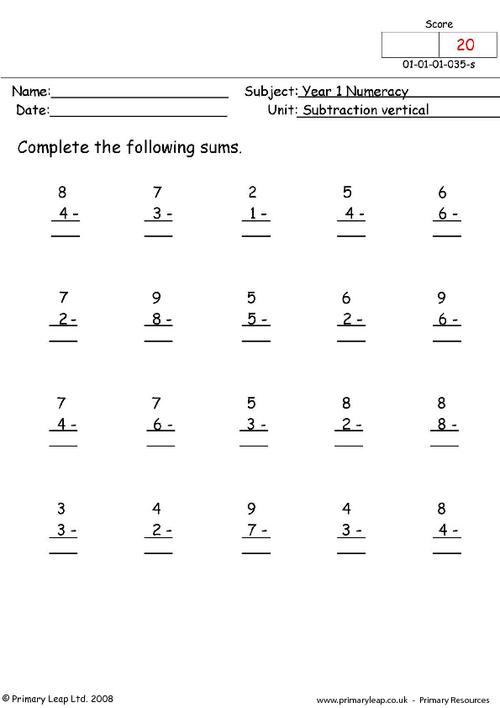 Numeracy: Subtraction vertical 1 | Worksheet | PrimaryLeap.co.uk ...