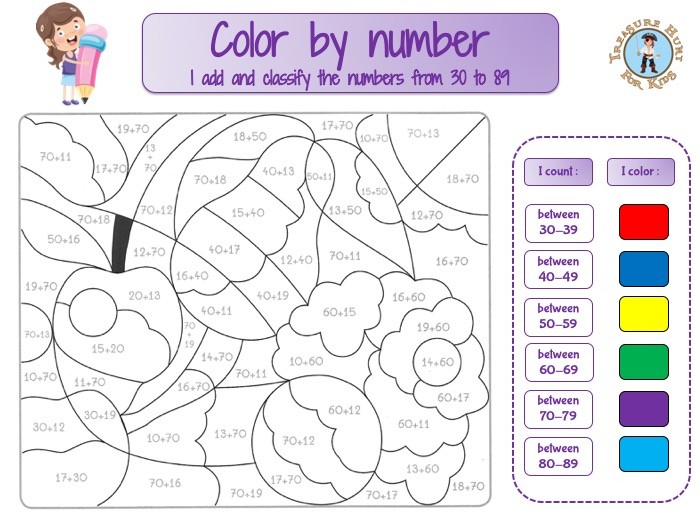 Color by addition - Math color by number worksheet - Treasure hunt ...